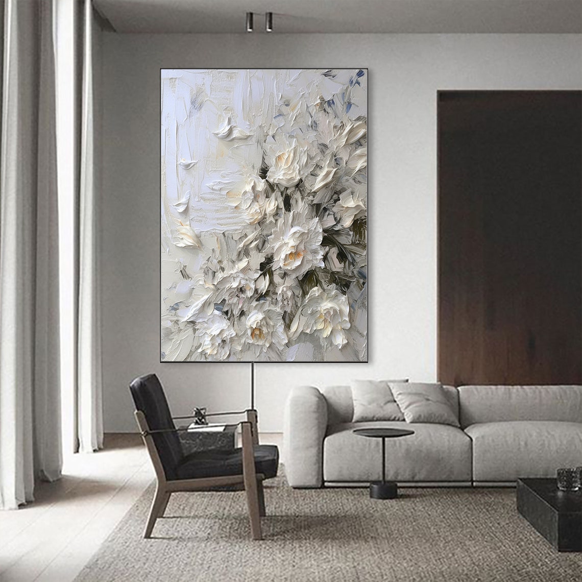 Large 3D White Gray Flower Oil Painting on Canvas,gray-white Wall Art ...