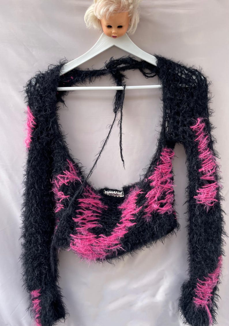 Handmade Y2K Grunge Knit Sweater With Bolero, Black Pink, Festival ...