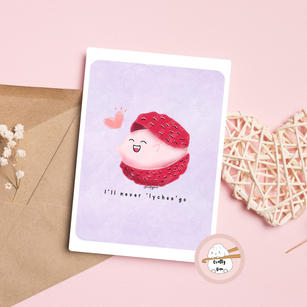 Adorable Kawaii Lychee Pun Card Punny Valentine's Day Greeting Hand ...