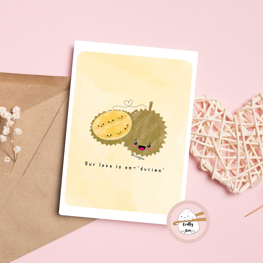 Adorable Kawaii Durian Love Card Punny Valentine's Day Greeting Hand ...