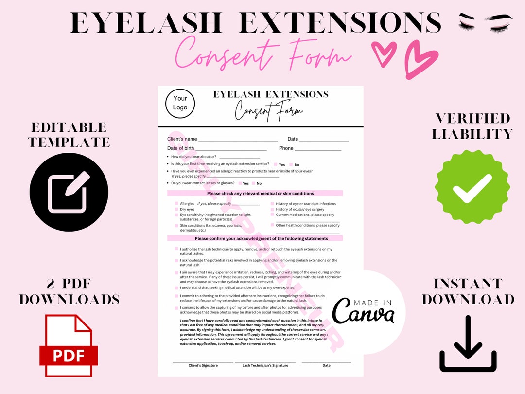 Editable Eyelash Extension Consent Form, Client Intake Form, Waiver ...