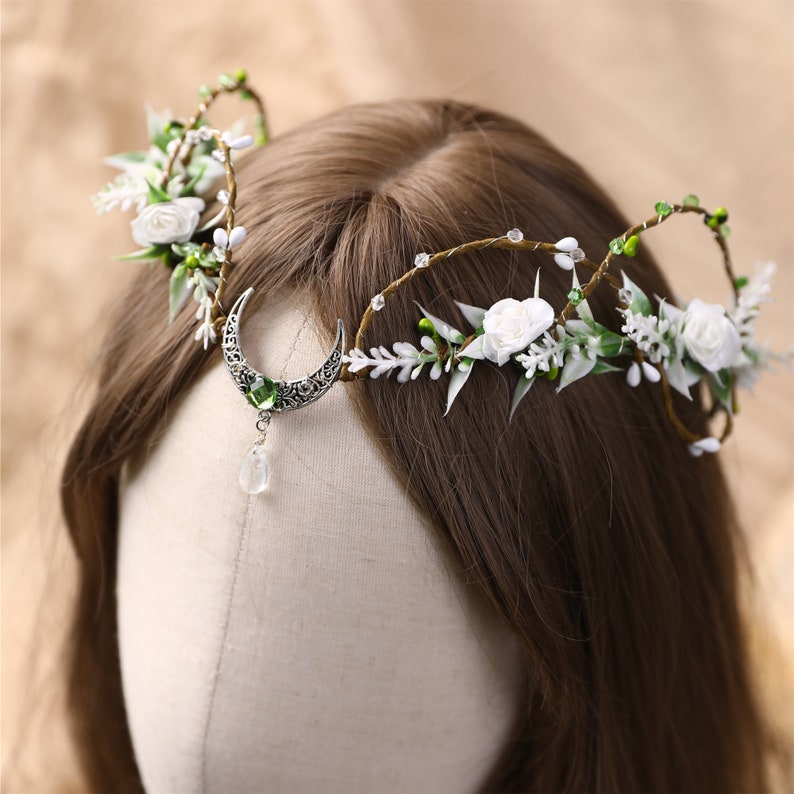 Woodland Wedding Tiara, Fairy Flower Crown Elven Moon Headpiece, Forest ...