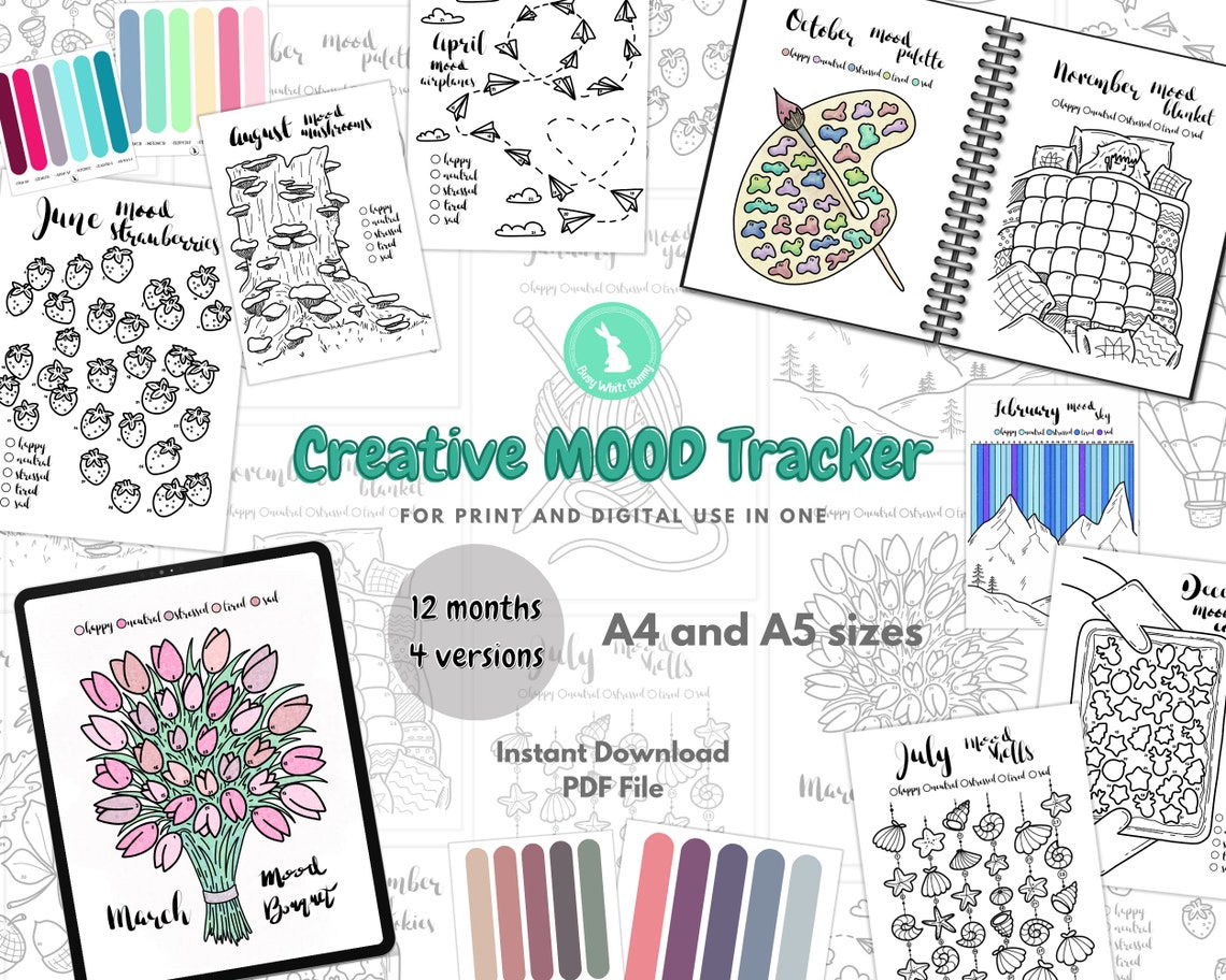 Creative Mood Tracker, Printable Monthly Bullet Journal (PDF Pattern ...