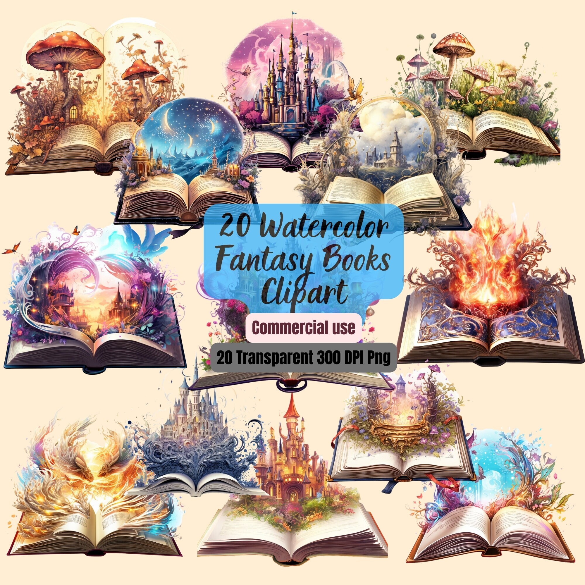 Watercolor Fantasy Books Png,open Book Png,open Book Clipart,magic ...