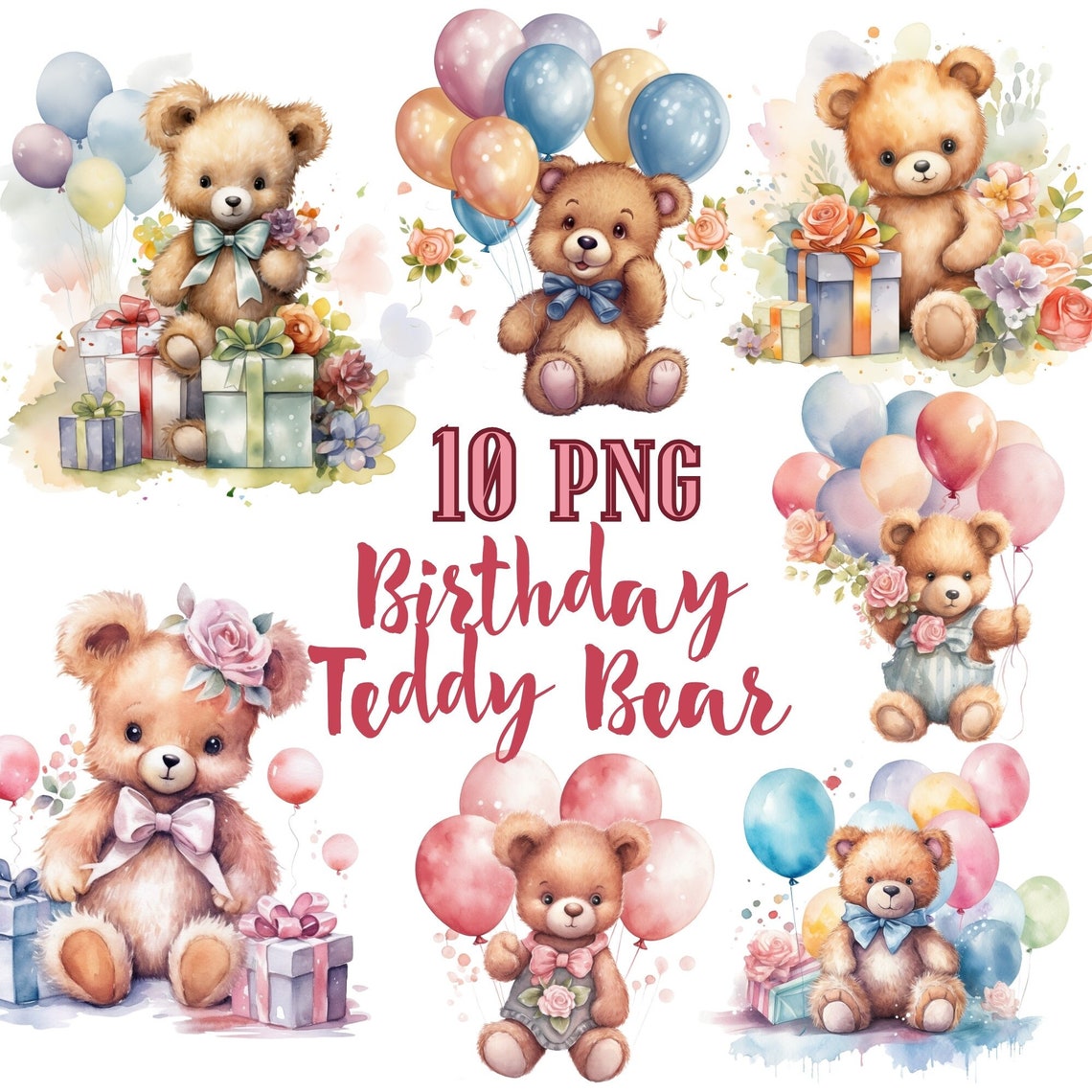 Watercolor Teddy Bear Clipart,birthday Bear Clipart,teddy Bear Birthday ...