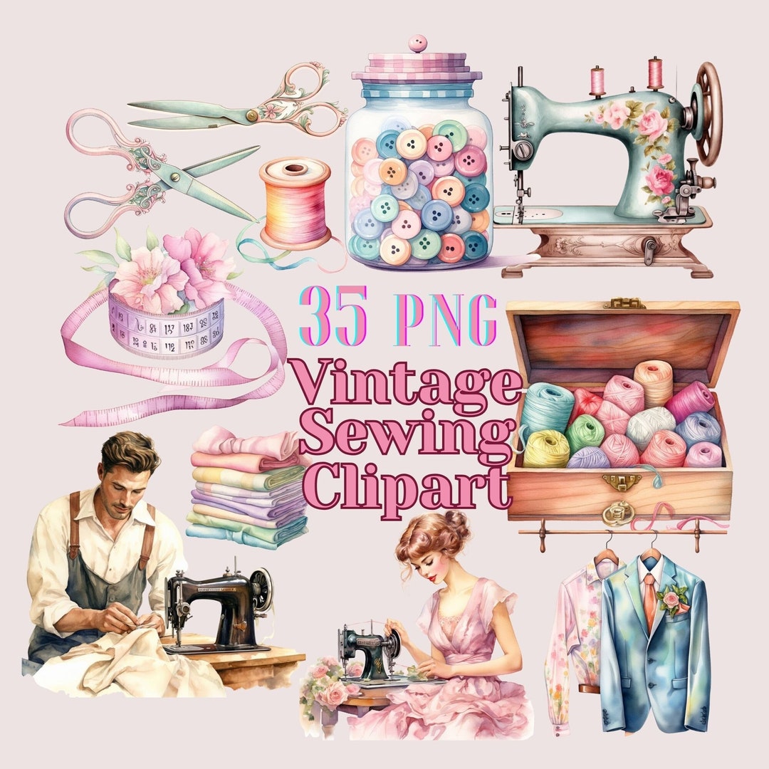 Vintage Watercolor Sewing Clipart Bundle – 35 Pngs of Sewing Machine ...