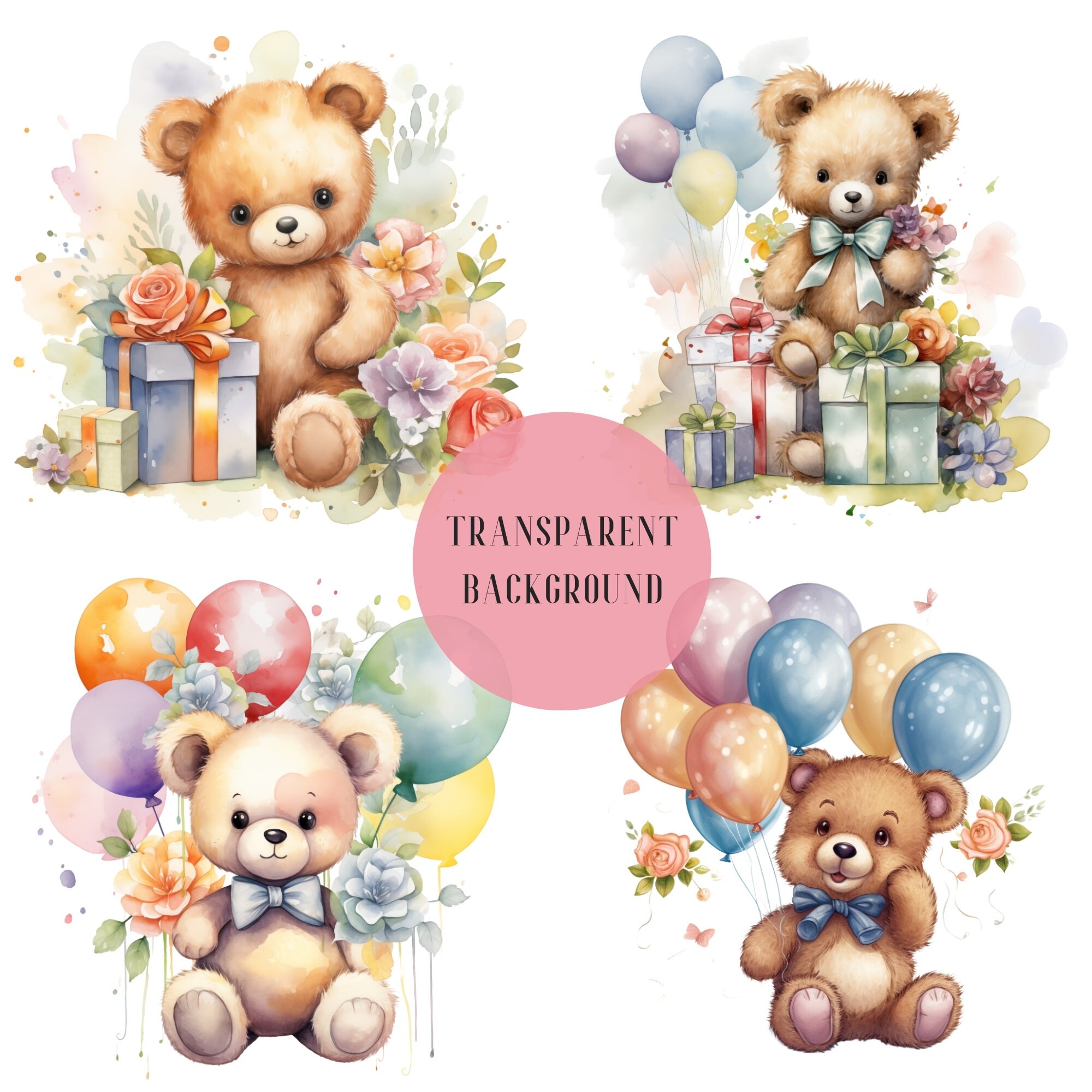 Watercolor Teddy Bear Clipart,birthday Bear Clipart,teddy Bear Birthday ...