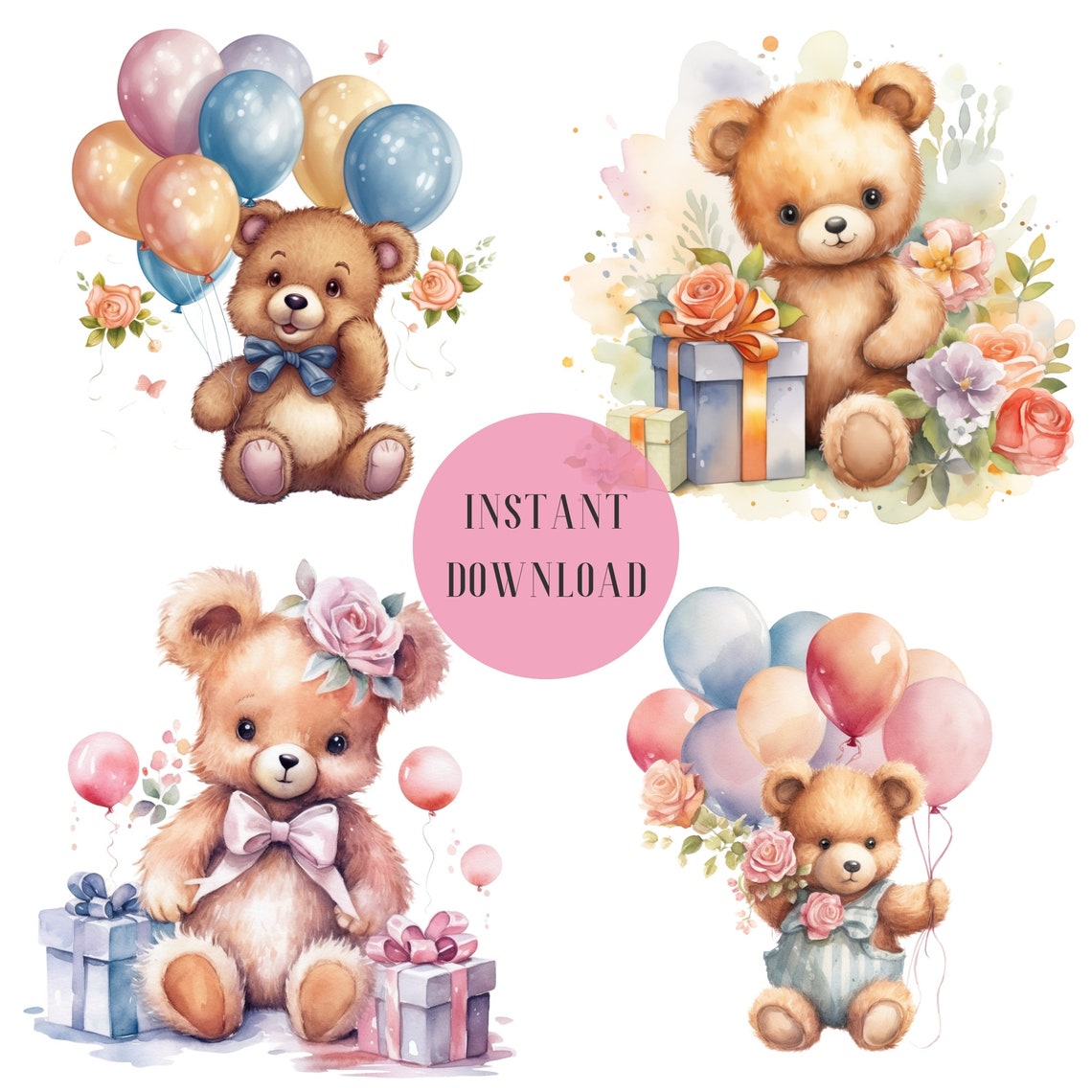 Watercolor Teddy Bear Clipart,birthday Bear Clipart,teddy Bear Birthday ...