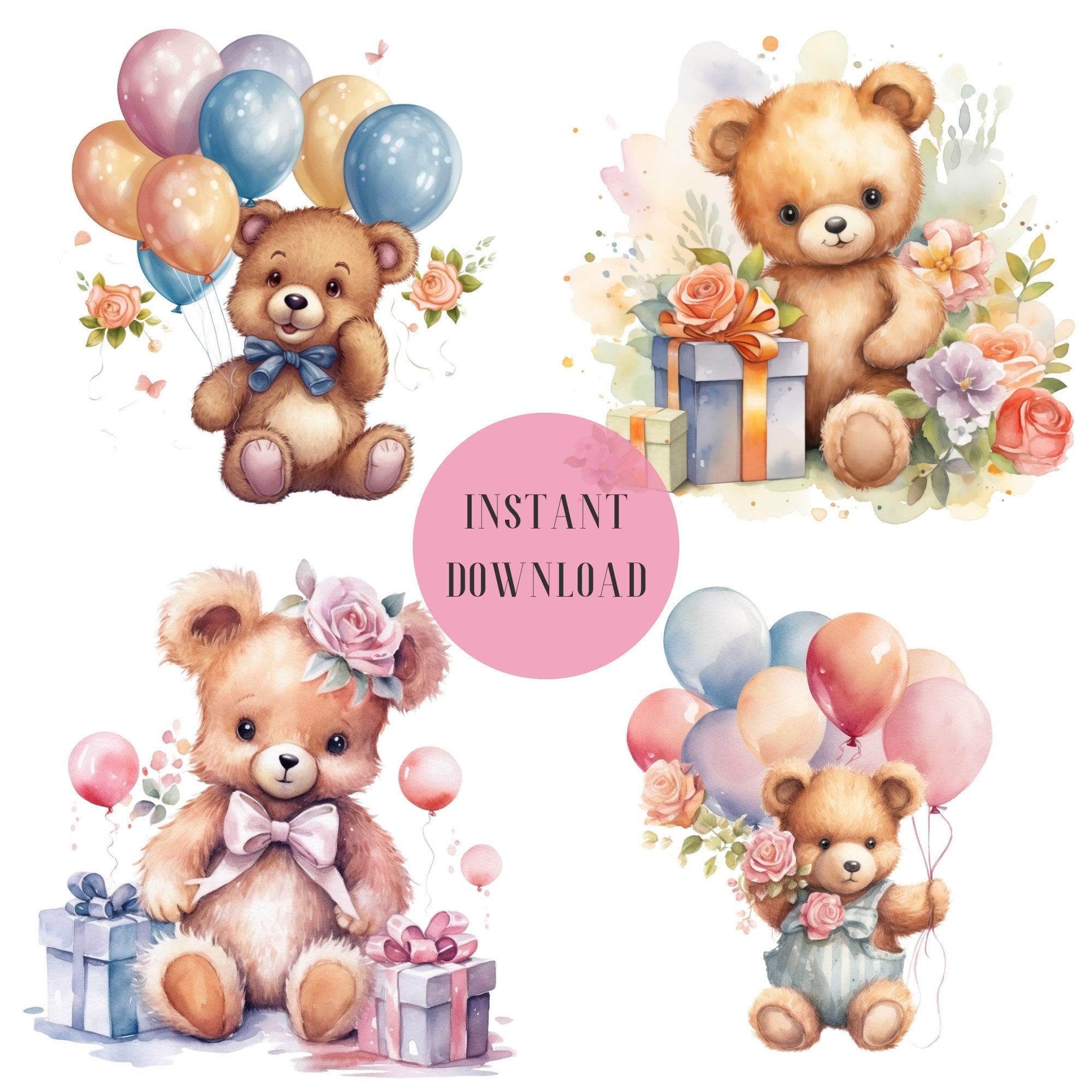 Watercolor Teddy Bear Clipart,birthday Bear Clipart,teddy Bear Birthday ...