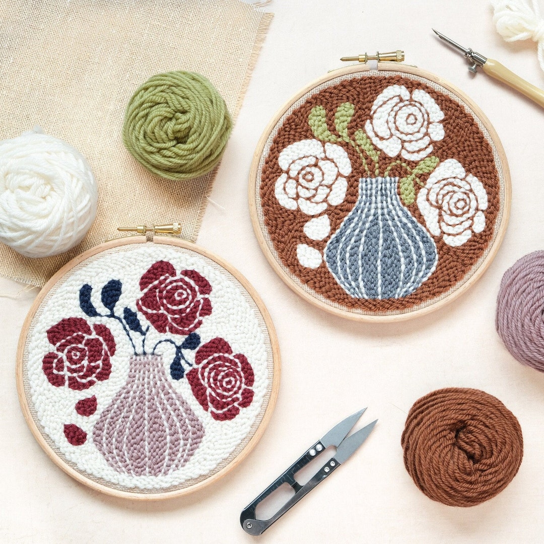 Beginner Punch Needle Kit | Crafting Kit | Roses in Vase Flower Design ...