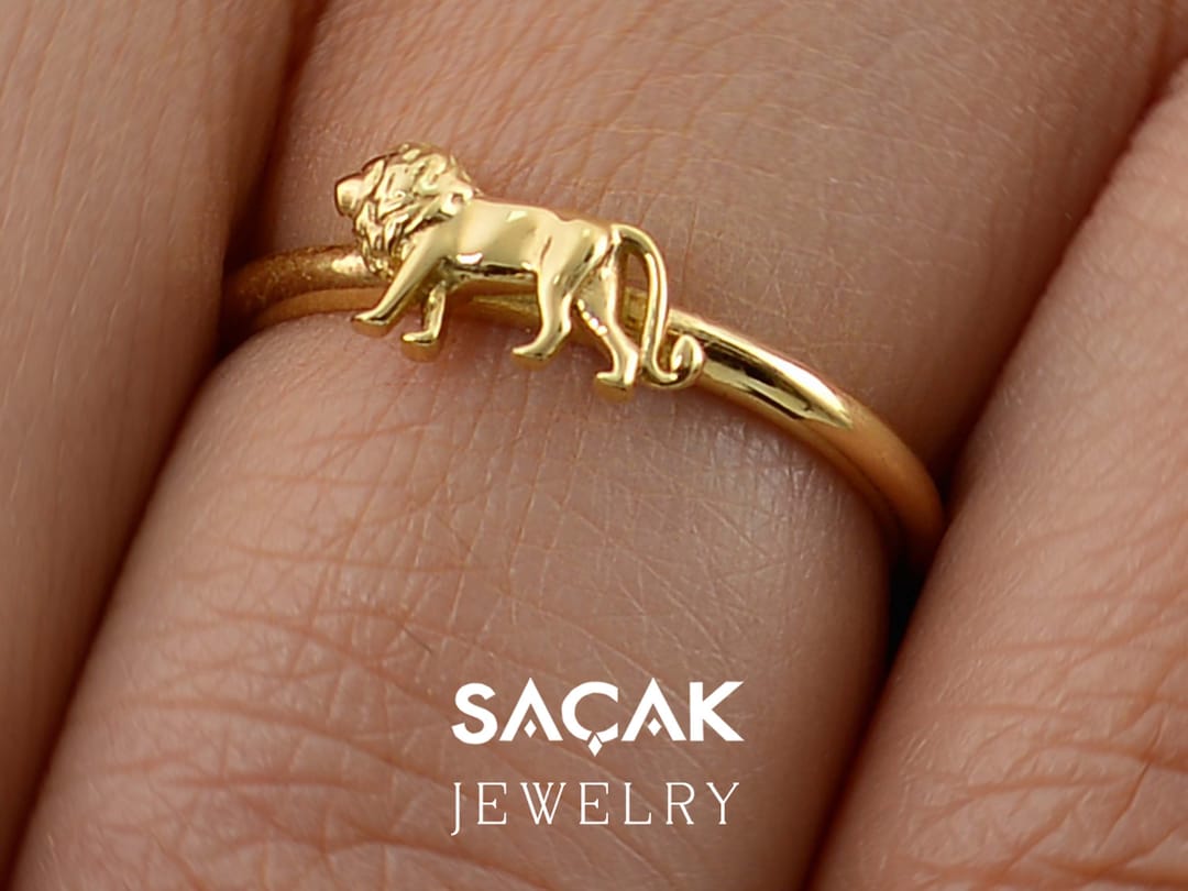 14K Solid Gold Lion Ring, Gold Animal Ring Minimal Stackable Ring ...