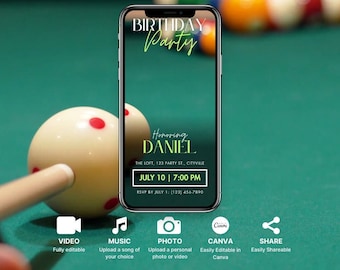 Pool Table Birthday Party Digital Invitation | Editable Canva Template ...