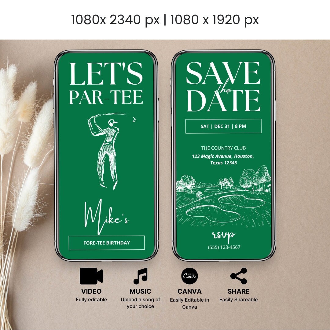 Birthday Editable Golf Party Invitation, Elegant Green Hand-drawn ...