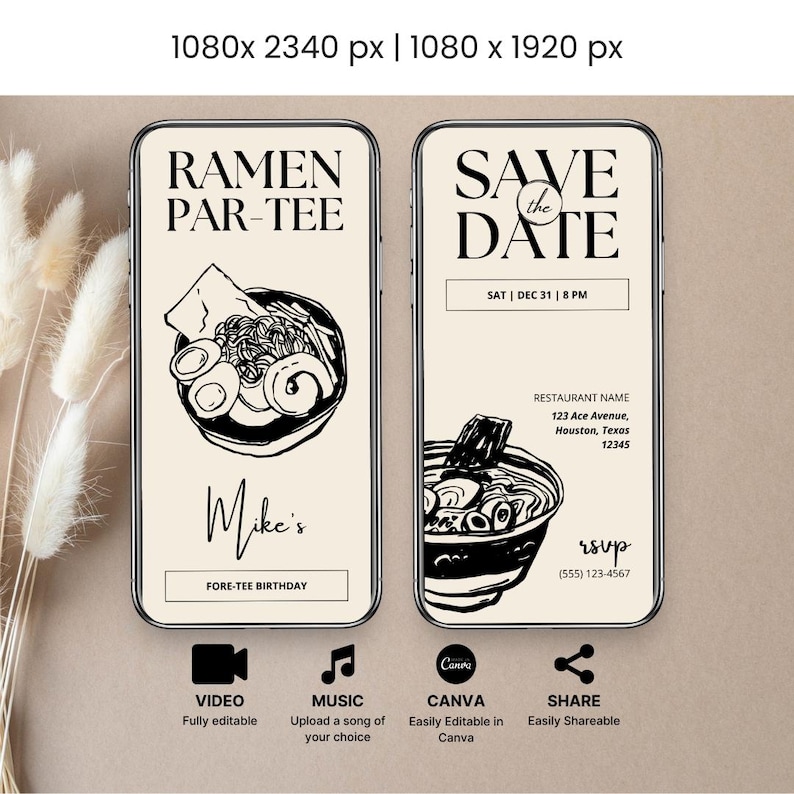 Editable Ramen Birthday Party, Digital Invitation, Bowl Noodles Soup ...