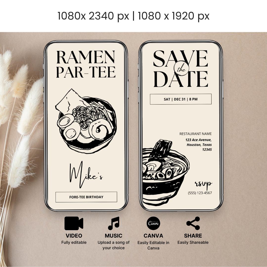 Editable Ramen Birthday Party, Digital Invitation, Bowl Noodles Soup ...