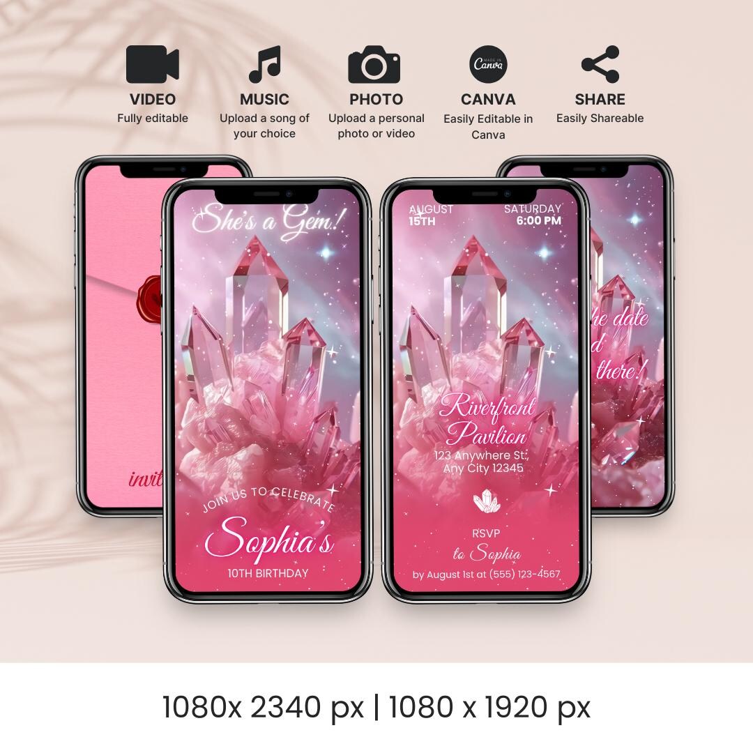 Animated Crystal She's a Gem Birthday Invitation, Geode Birthday, Pink ...