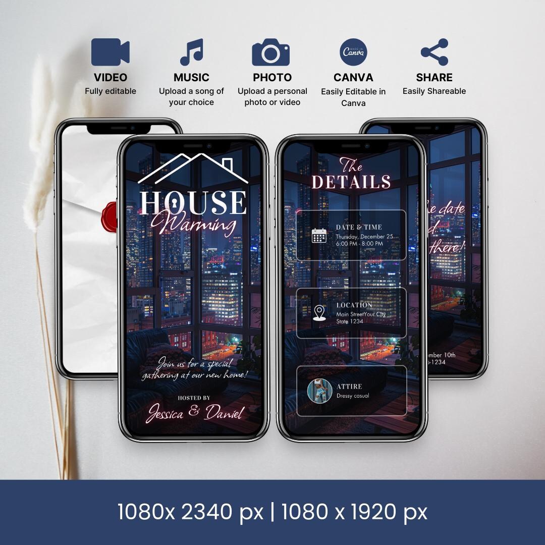 Animated Housewarming Evite: City Night Skyline, Editable Canva ...
