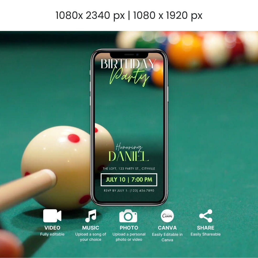Editable Billiards Birthday Invitation Digital, Pool Table Party Invite ...