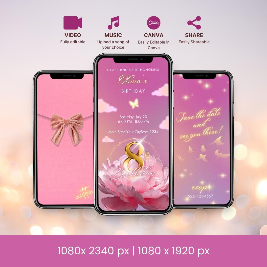 Animated Pink Eighth Birthday Invitation, Digital Template, Editable ...
