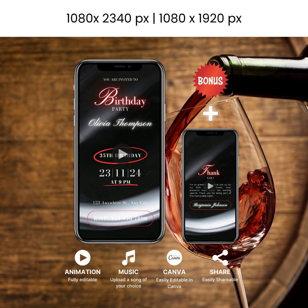Animated Birthday Party Digital Invitation Template Red Wine-themed 50th Birthday Invite for Man ...