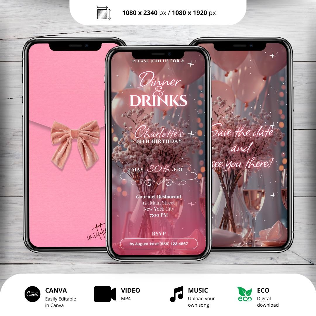 Animated Pink Dinner & Drinks Invitation, Birthday Dinner Invitation ...