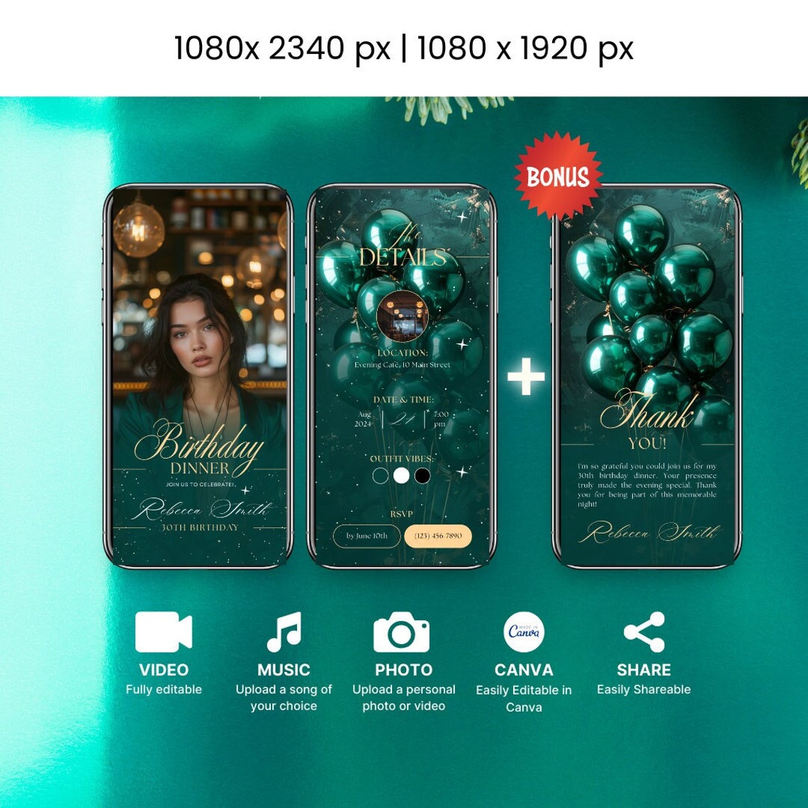 Emerald Green Birthday Dinner Invitation: Editable Photo Template ...