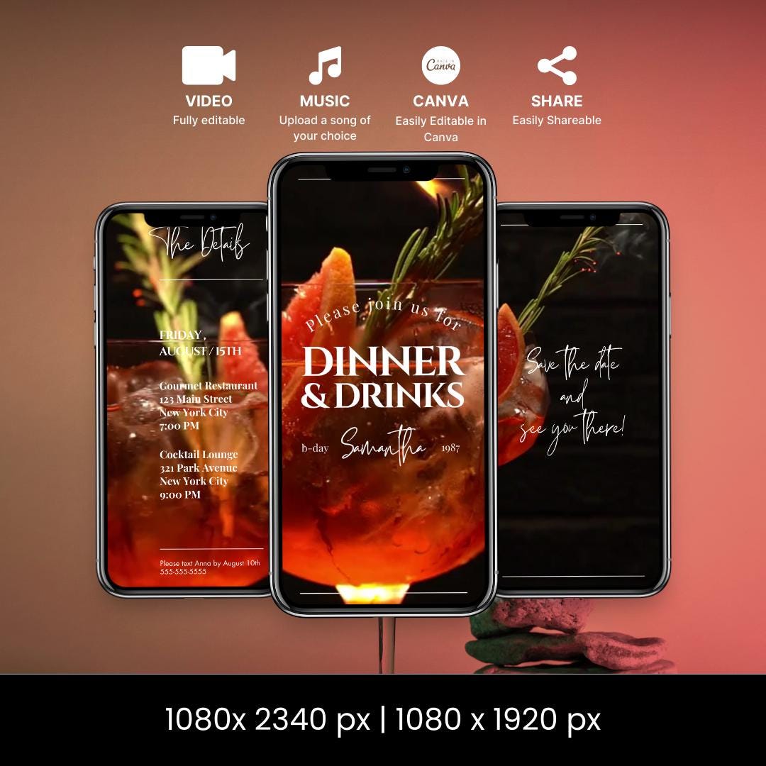 Animated Dinner & Drinks Invitation, Digital Adult Birthday Invite ...