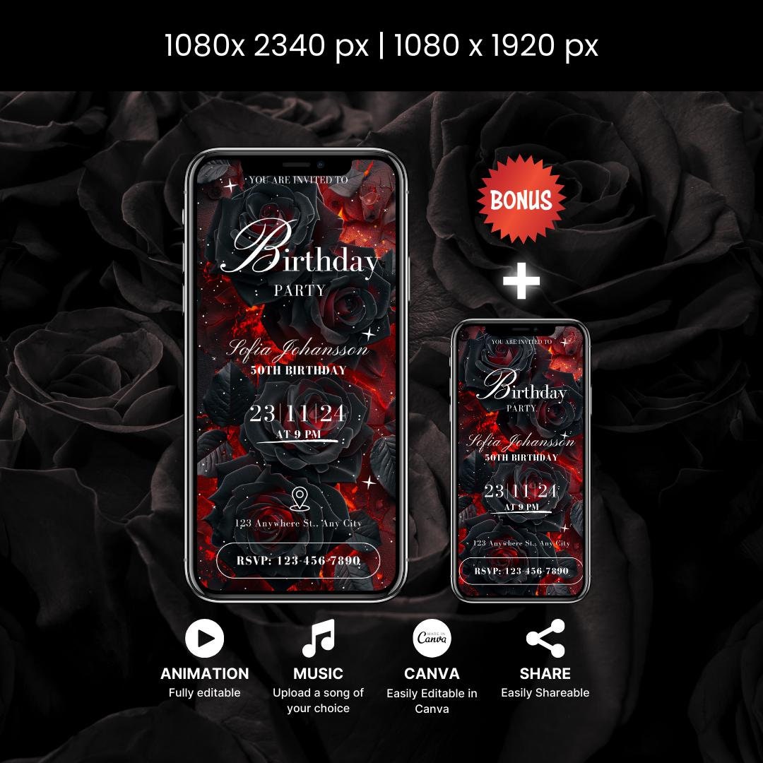 Editable Black Rose Birthday Party Invitation, Digital Women Birthday ...