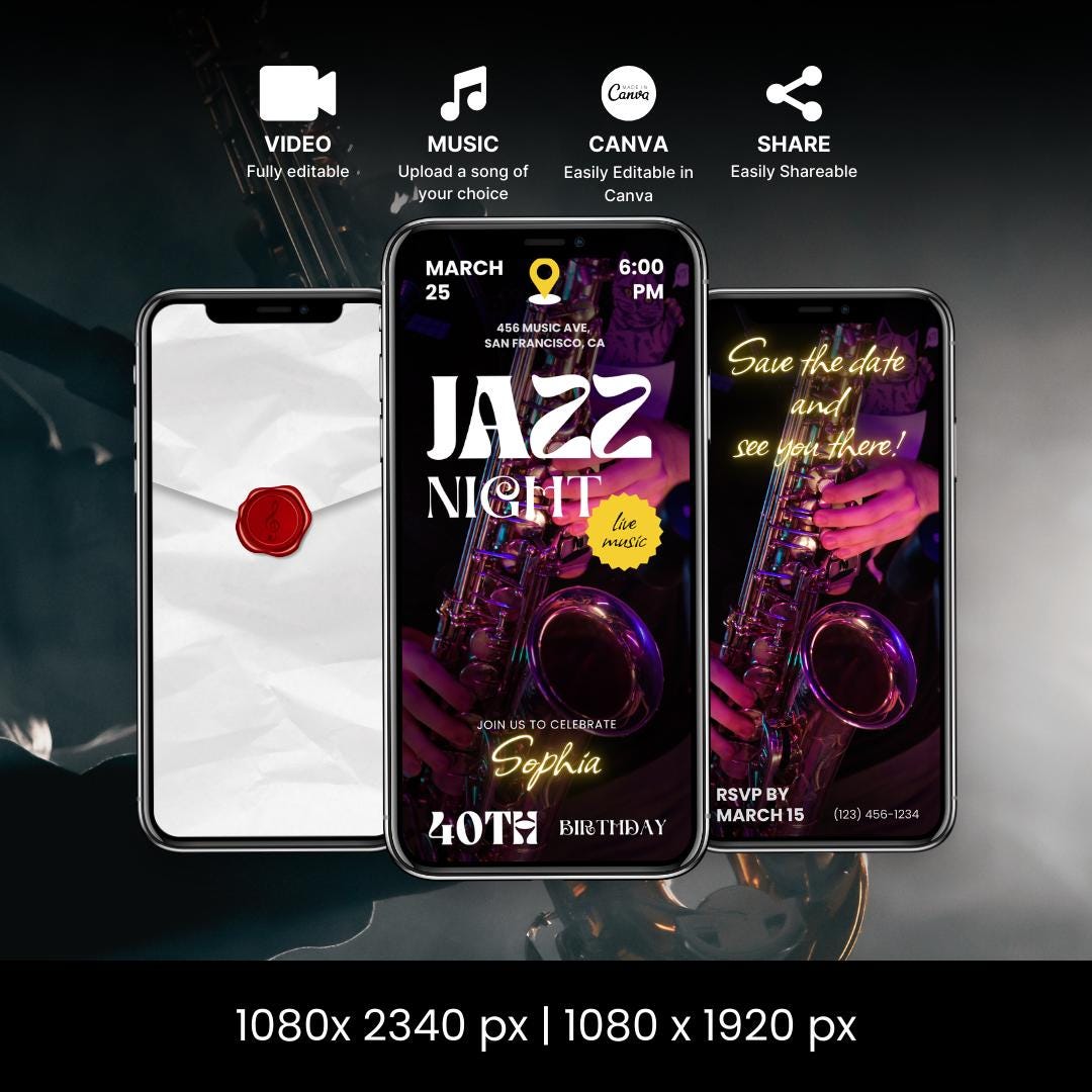 Animated Jazz Night Invitation, Saxophone Birthday Invite, Editable ...