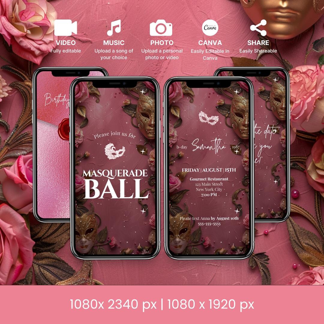 Animated Masquerade Ball Birthday Invitation: Pink Floral Mask (digital ...