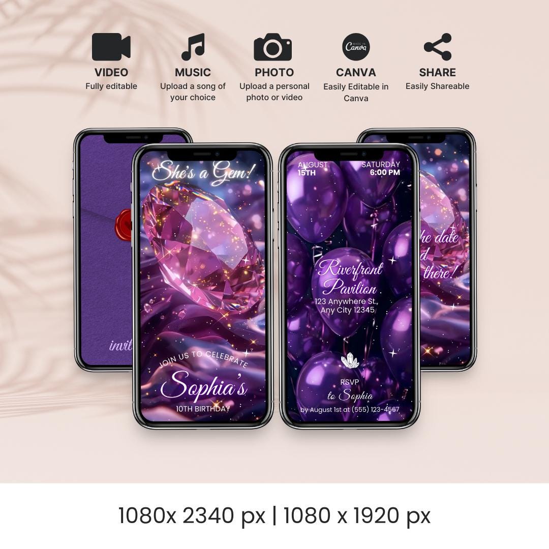 Animated Crystal Themed Birthday Invitation, Digital Purple Diamond ...