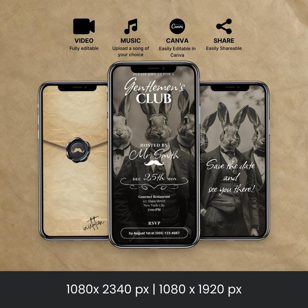 Animated Men Gentlemen’s Club Invitation for Men, Birthday Digital ...