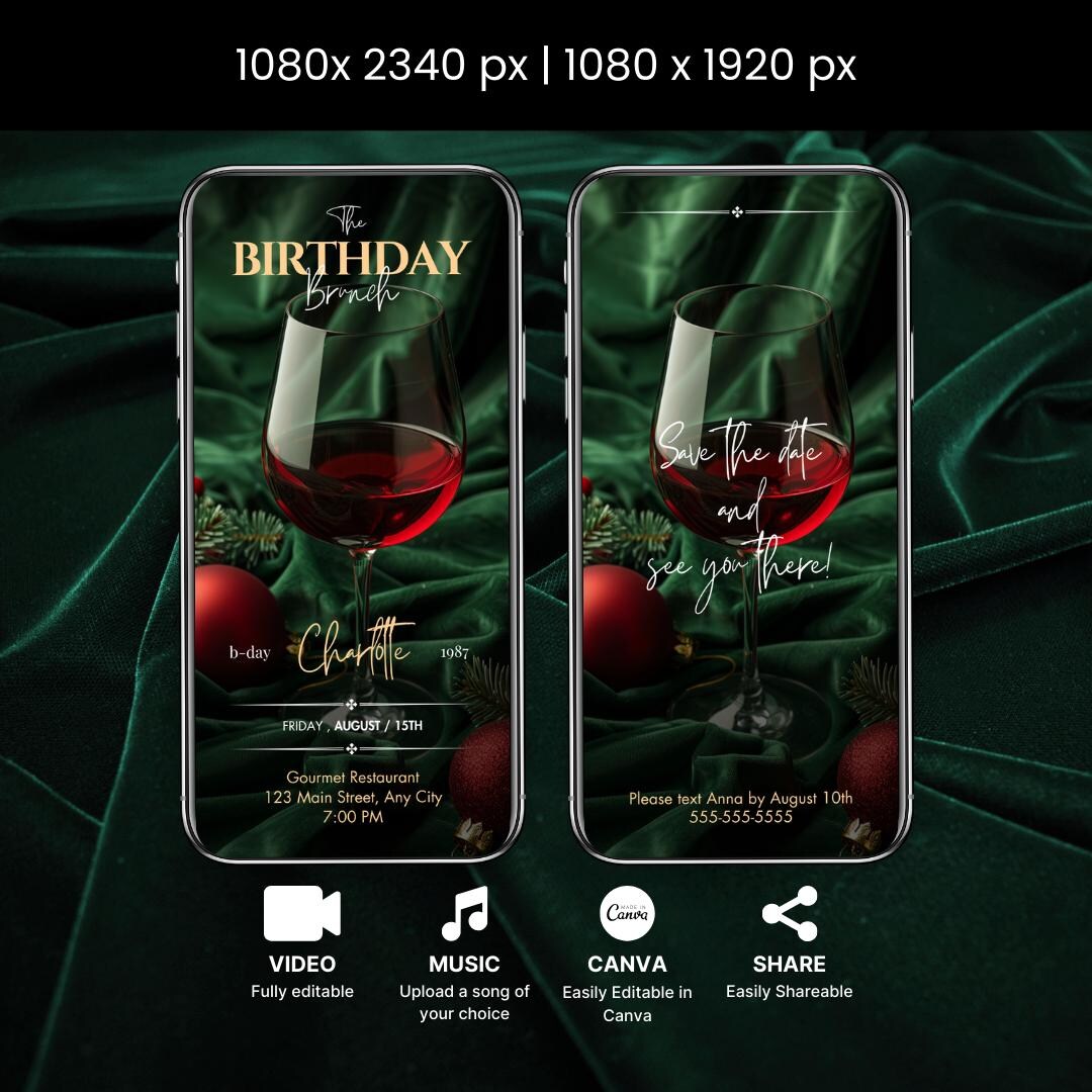 Animated Editable Birthday Brunch Invitation, Sophisticated Red Wine-themed Invite, Digital ...