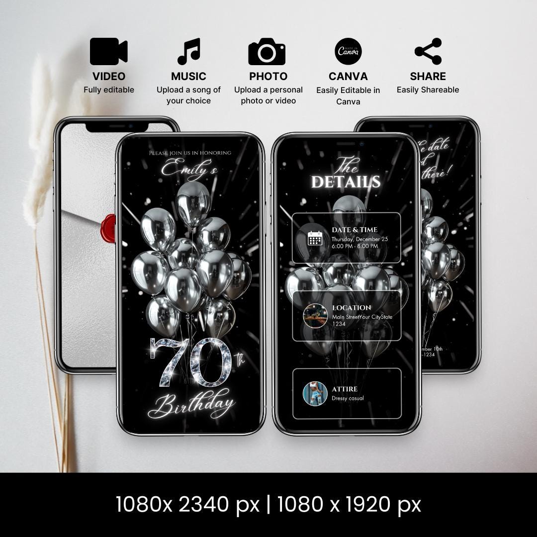 Animated 70th Birthday Invitation: Silver Balloons, Editable Template ...