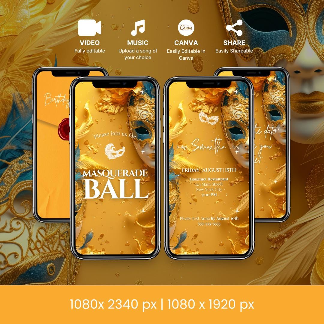 Animated Masquerade Birthday Invitation: Gold Wax Seal (digital ...