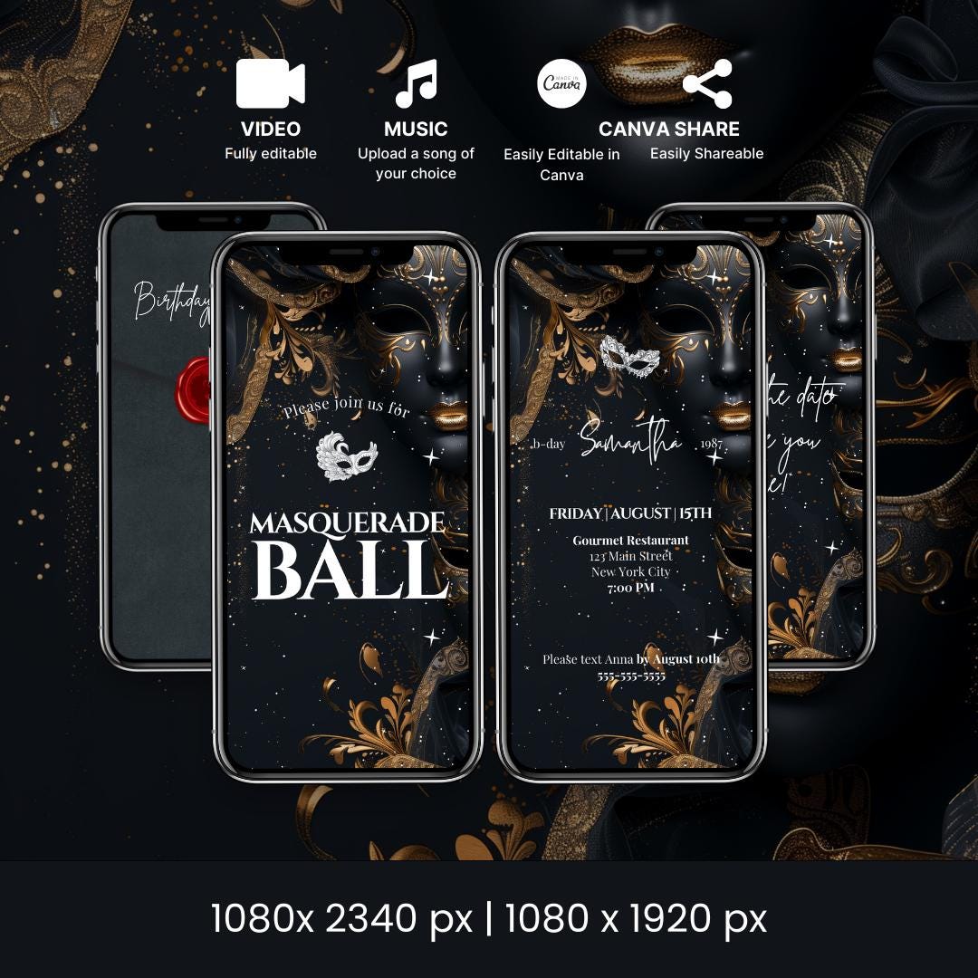 Animated Masquerade Ball Birthday Invitation: Black & Gold, Editable ...