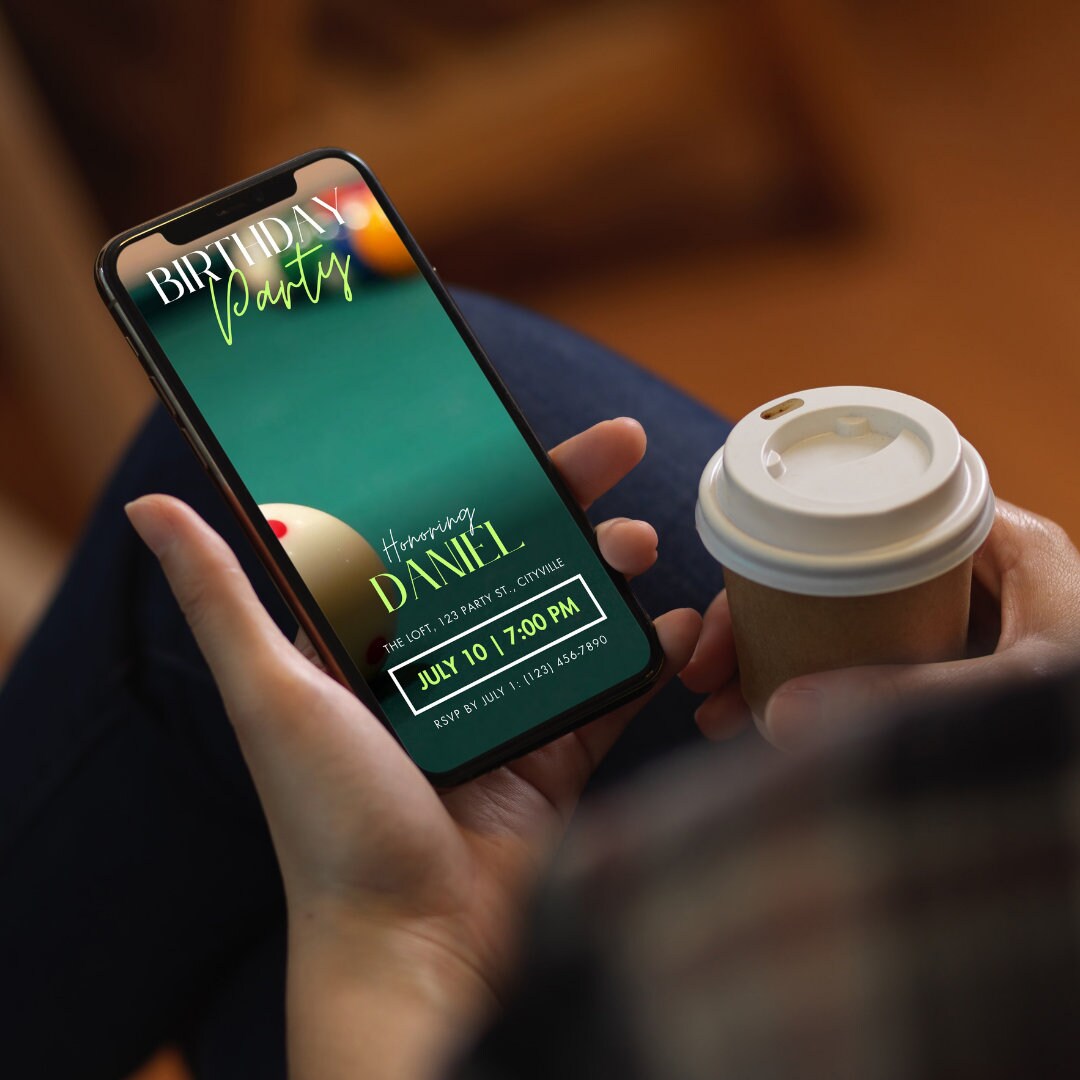 Editable Billiards Birthday Invitation Digital, Pool Table Party Invite ...