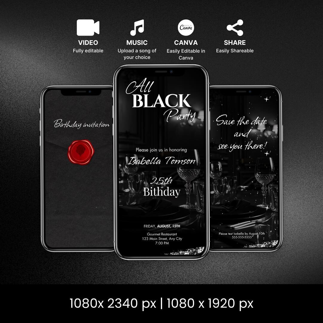 All Black Birthday Party Invitation, Birthday Dinner, Birthday Brunch ...