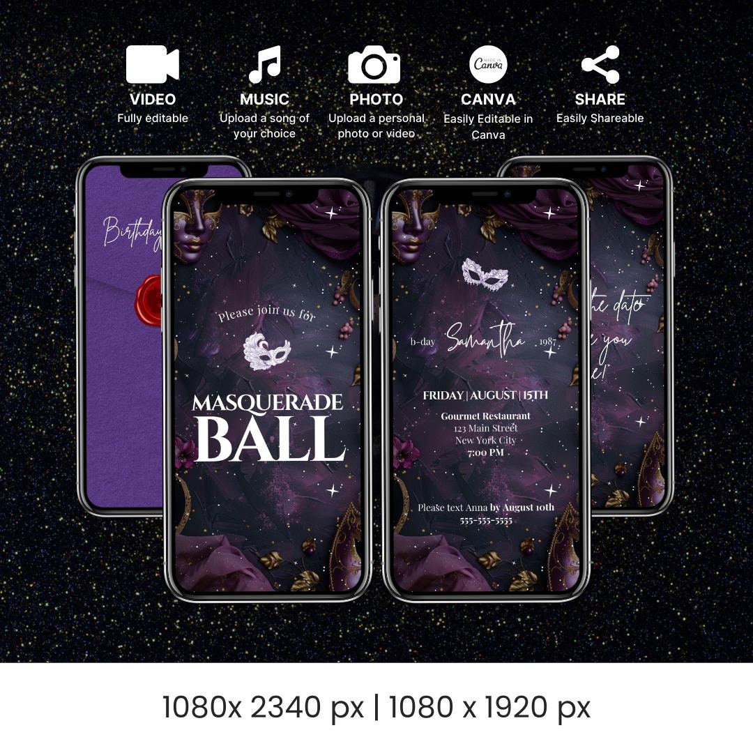 Animated Masquerade Ball Birthday Invitation: Purple Wax Seal (canva ...