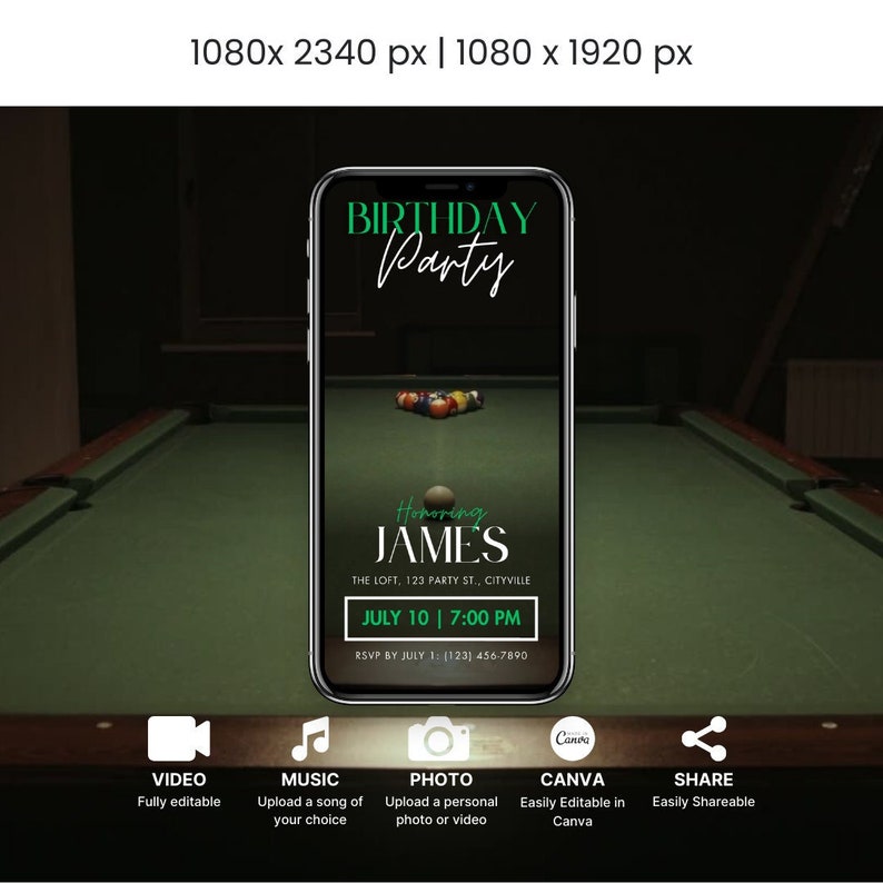 Billiards Birthday Party Invitation: Editable Pool Table E-vite ...