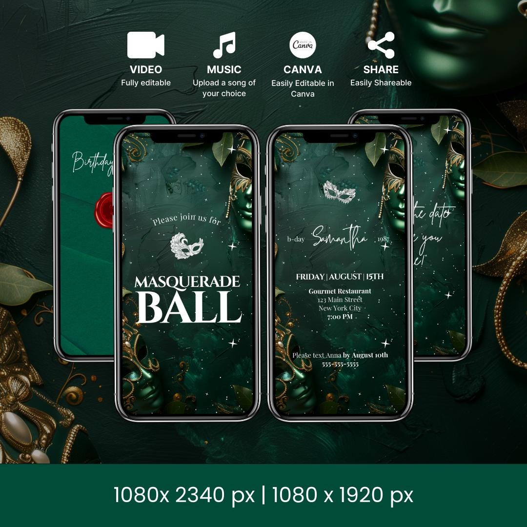 Animated Masquerade Ball Birthday Invitation, Editable Green Digital ...