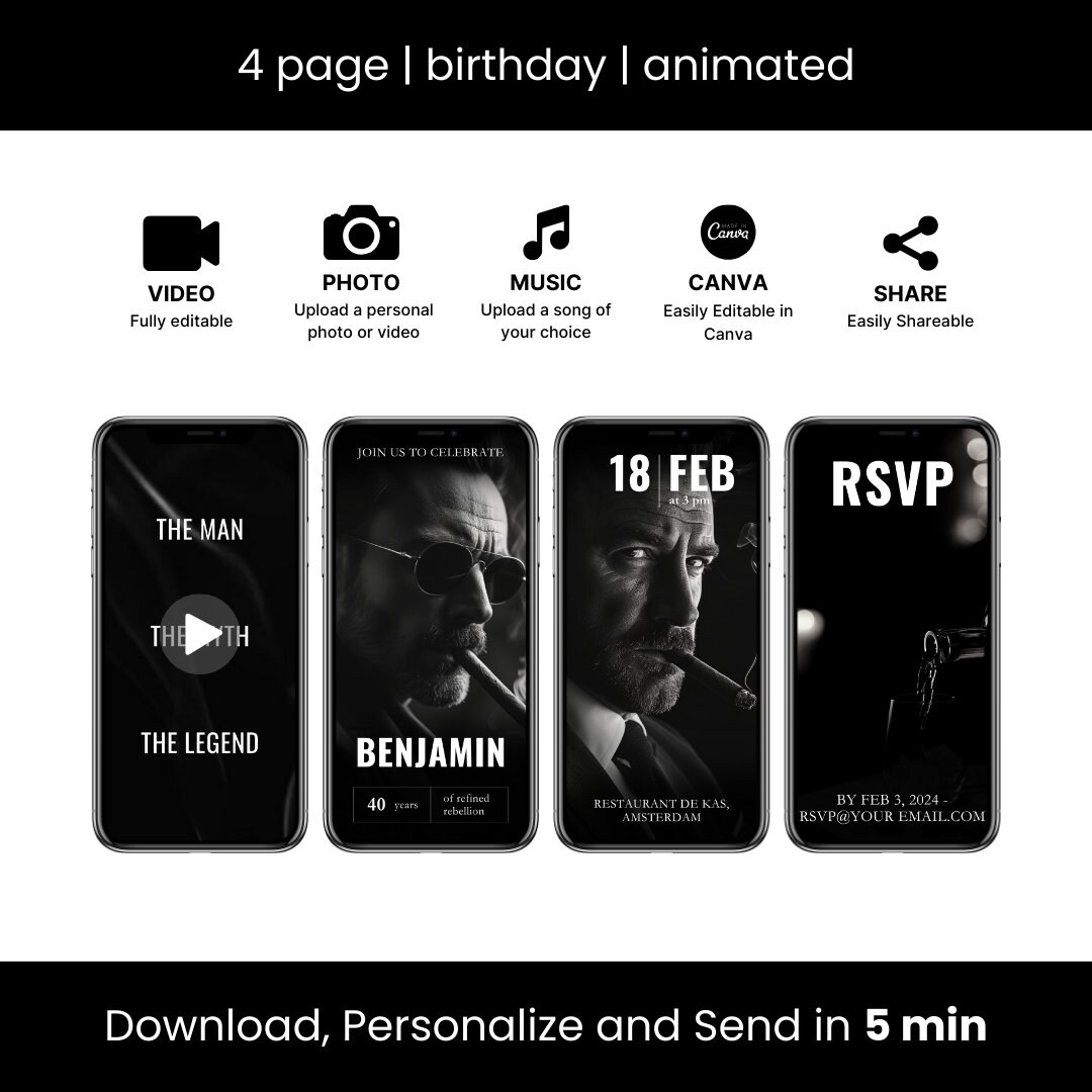 Animeted Birthday Invitation Template With Photo Party Man Mobile ...
