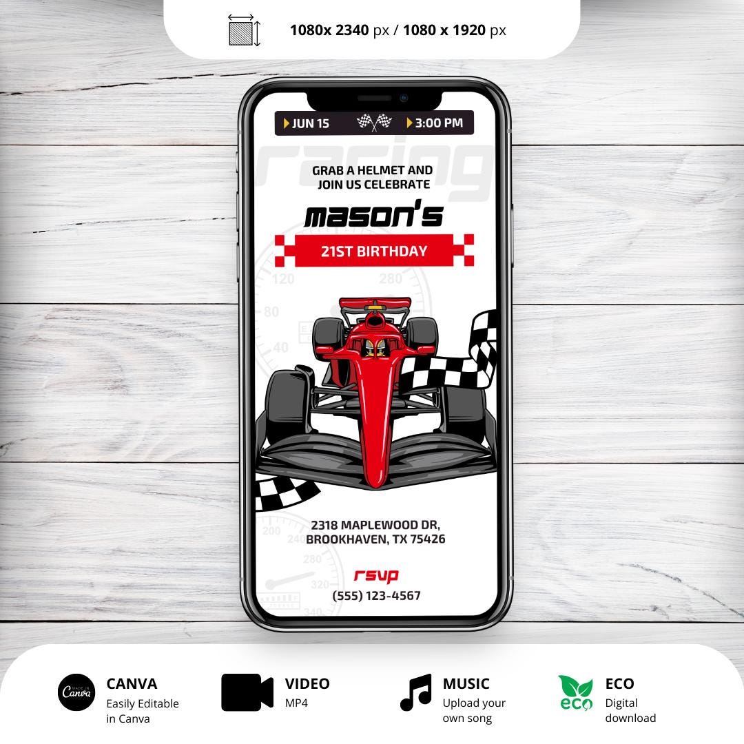 Animated Race Car Birthday Invitation: F1 Speedway Template (digital ...