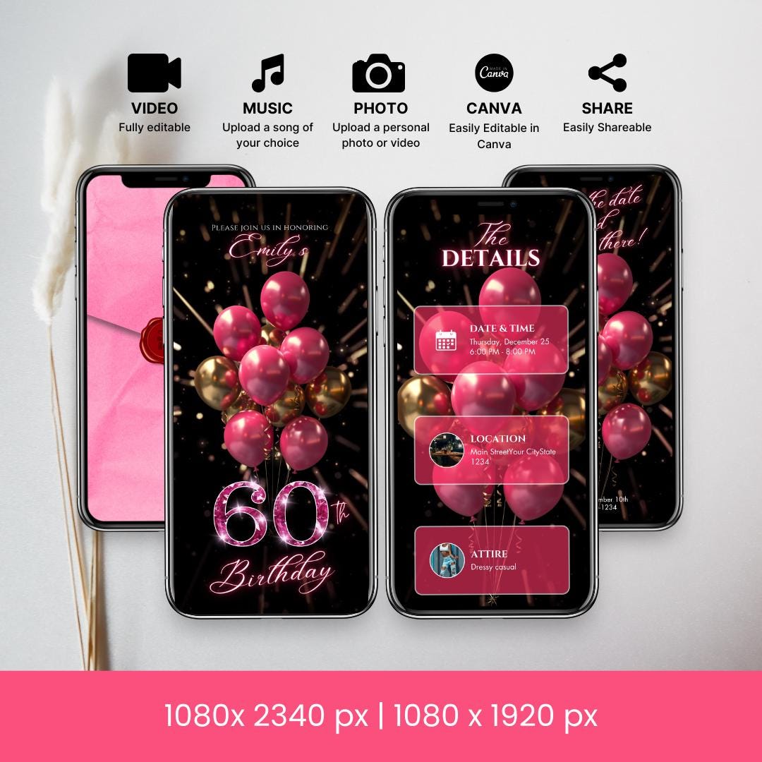 Animated 60th Birthday Video Invitation: Pink & Gold Glam Balloons ...