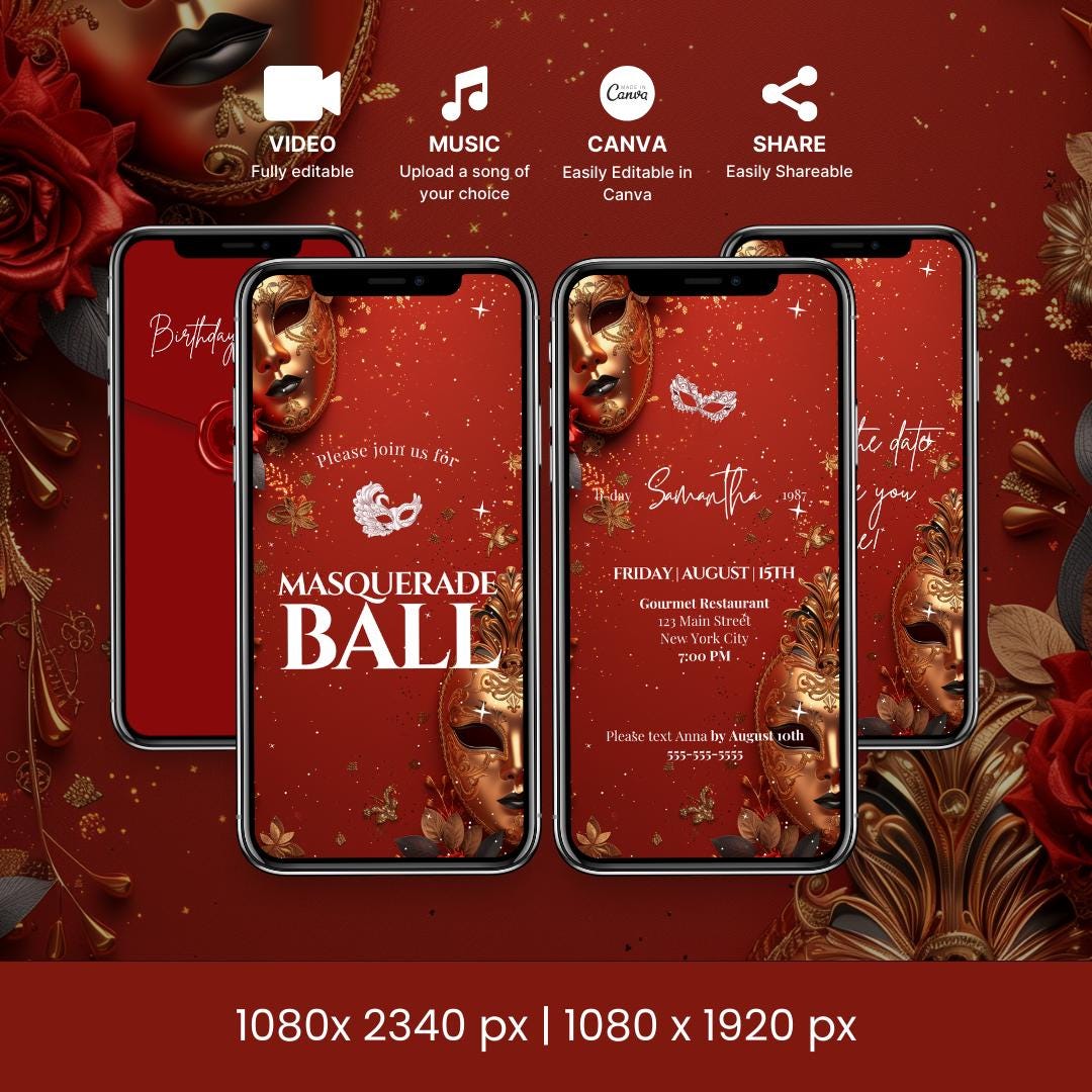 Animated Masquerade Ball Birthday Invitation, Editable Red Digital ...