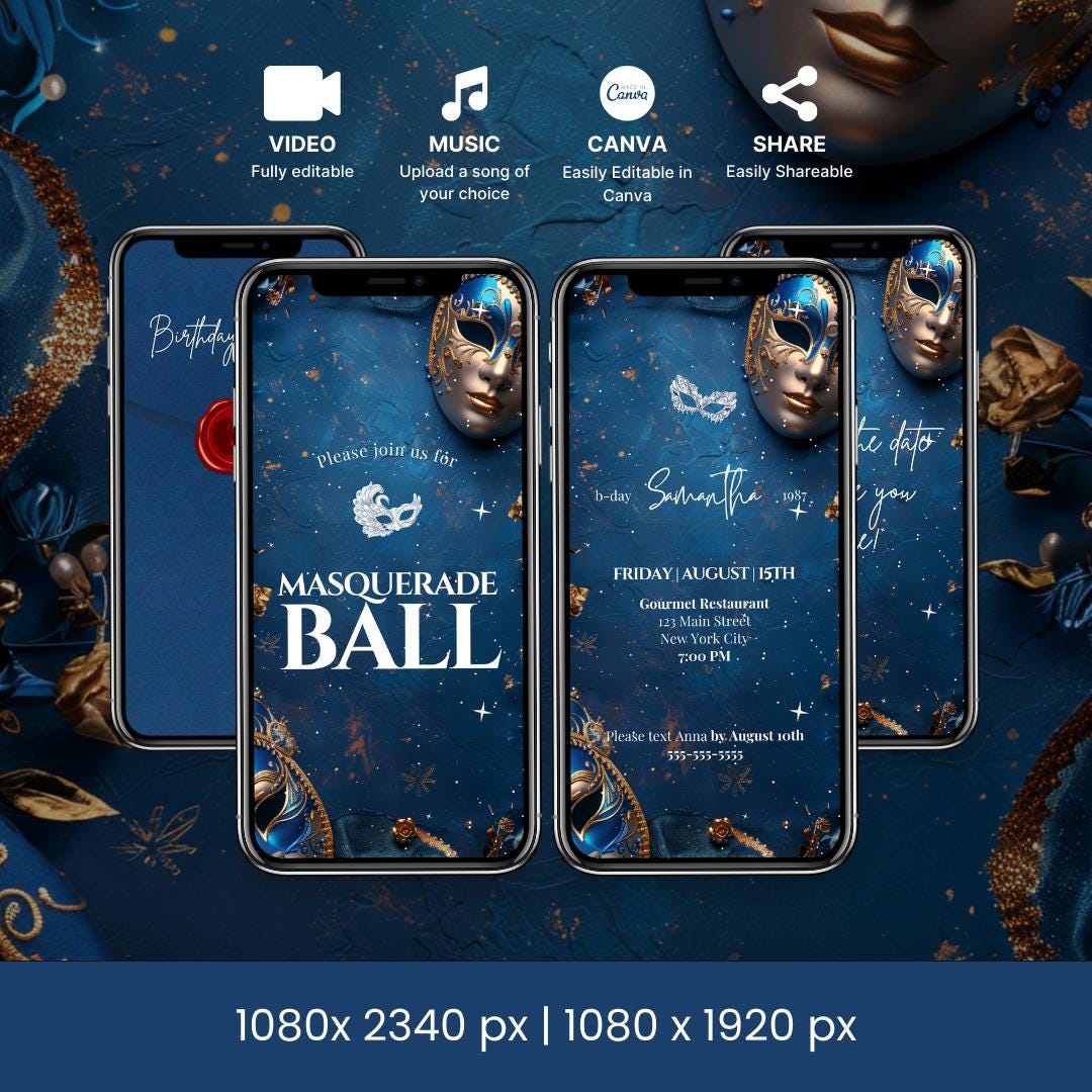 Animated Masquerade Ball Birthday Invitation, Editable Blue Digital ...