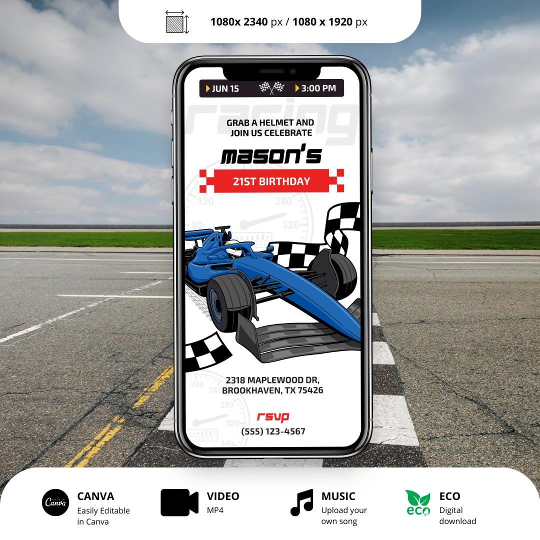 Animated Race Car Birthday Invitation: Formula 1, Speedway (digital ...
