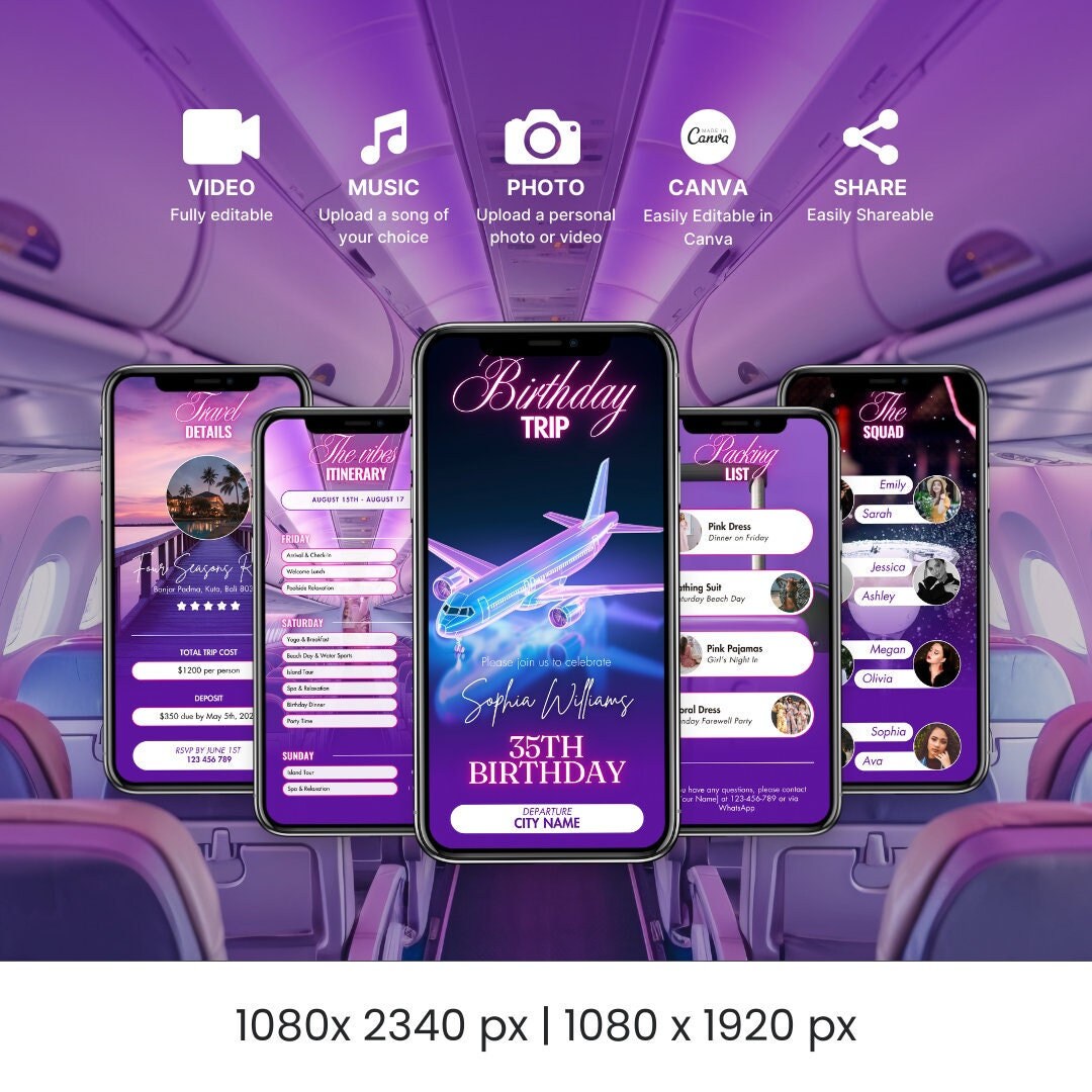 Animated Birthday Trip Invitation: Purple Vacation Itinerary (digital ...