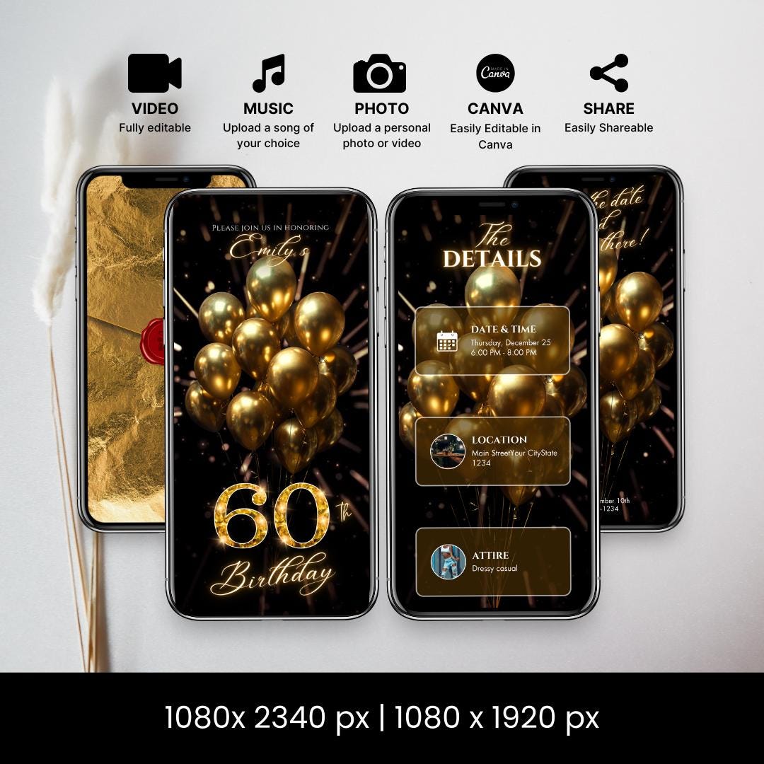 Animated 60th Birthday Video Invitation: Gold Balloons, Editable Canva ...
