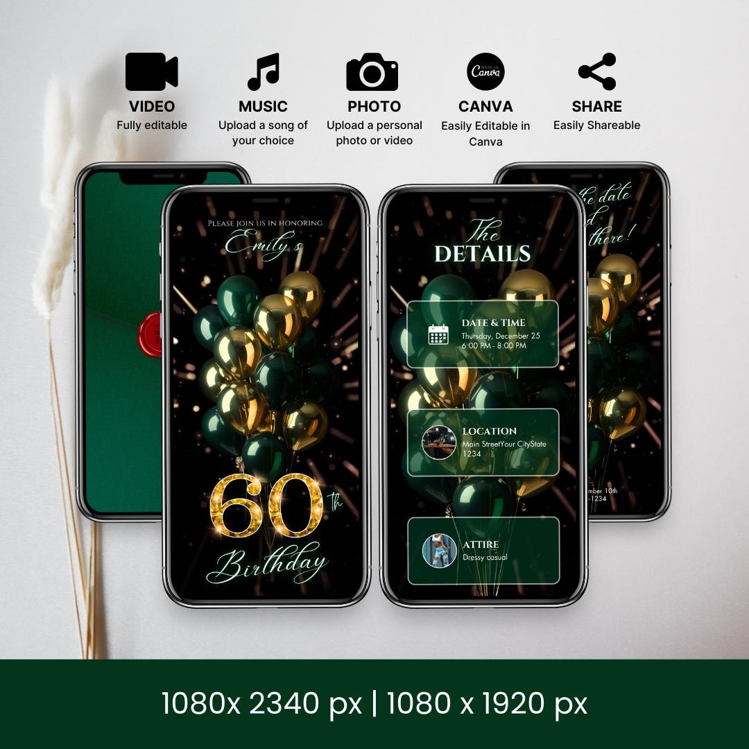Animated 60th Birthday Video Invitation: Green & Gold Balloons ...
